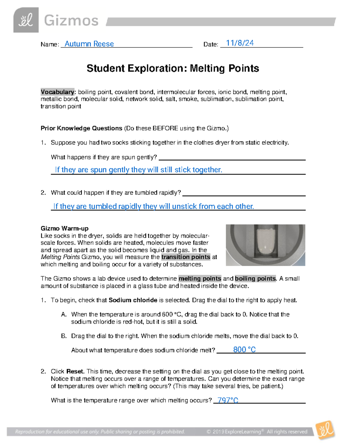 Gizmo Exploration: Melting Points & Intermolecular Forces - Studocu