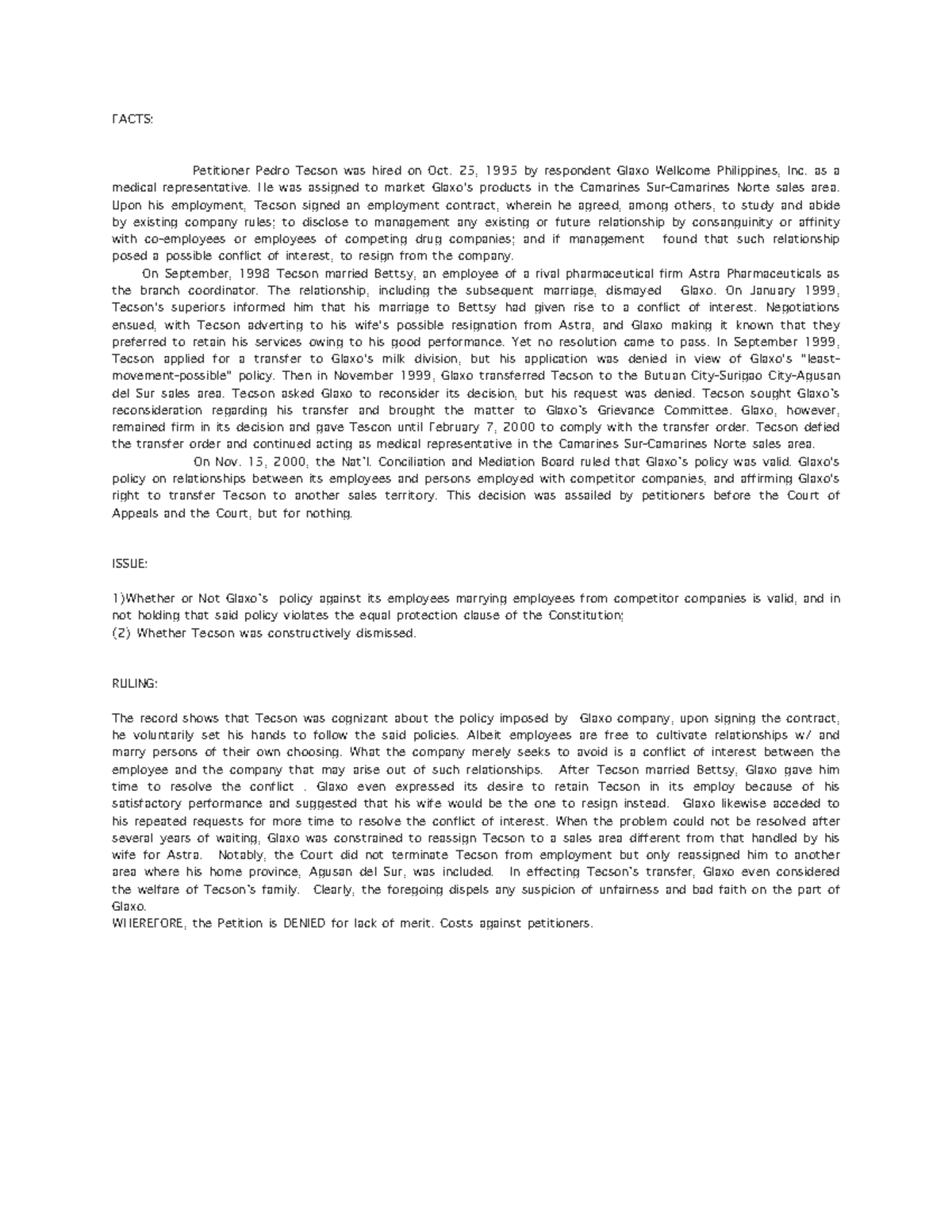 Digest 1: Case Study on Tecson vs. Glaxo Wellcome Philippines, Inc ...