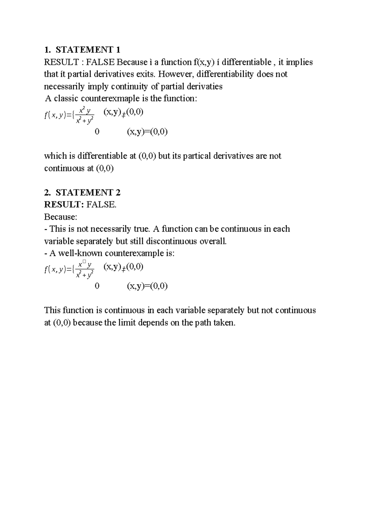 Homework - MATH 101: Differentiability and Continuity Counterexamples ...