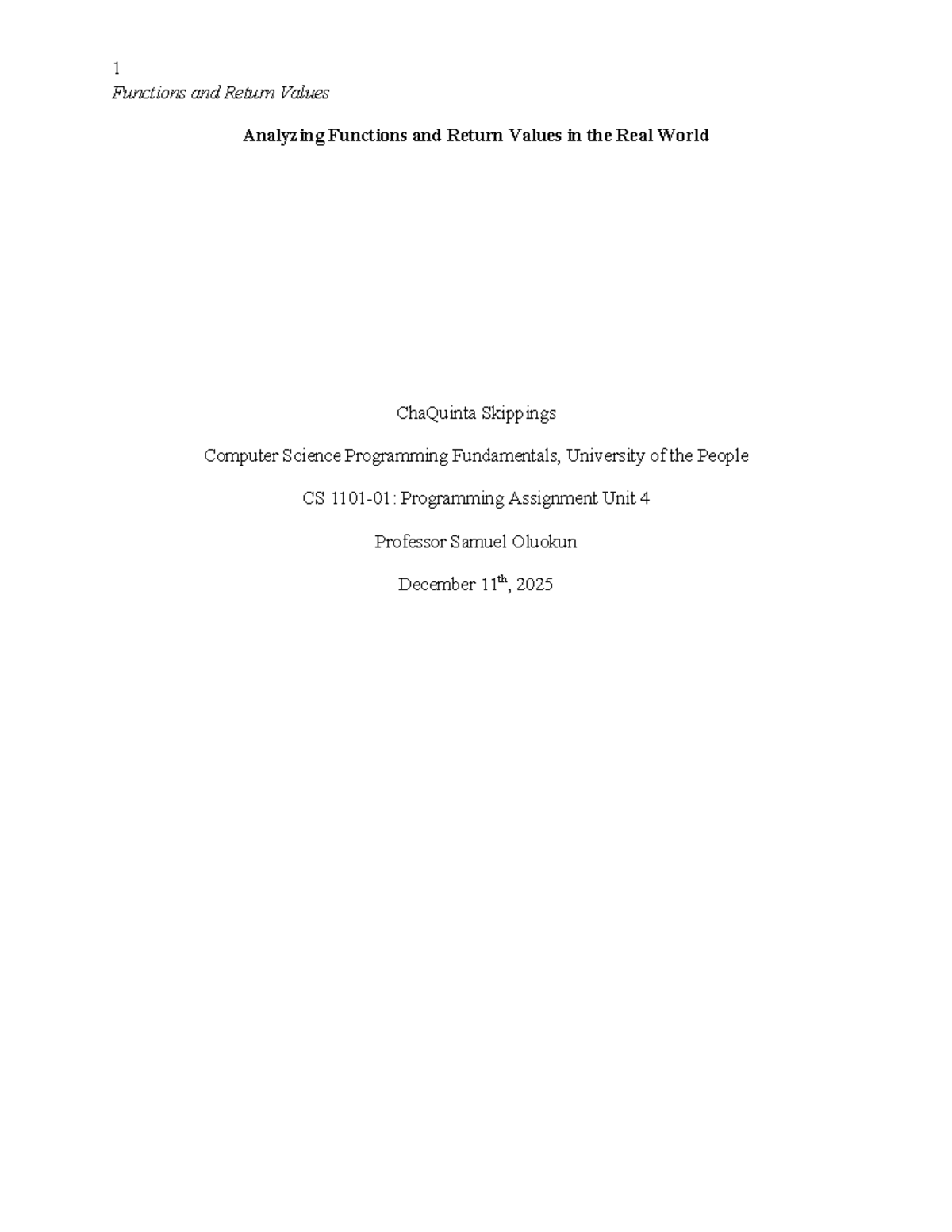 CS Programming Assignment Unit 4: Analyzing Functions & Return Values - Studocu
