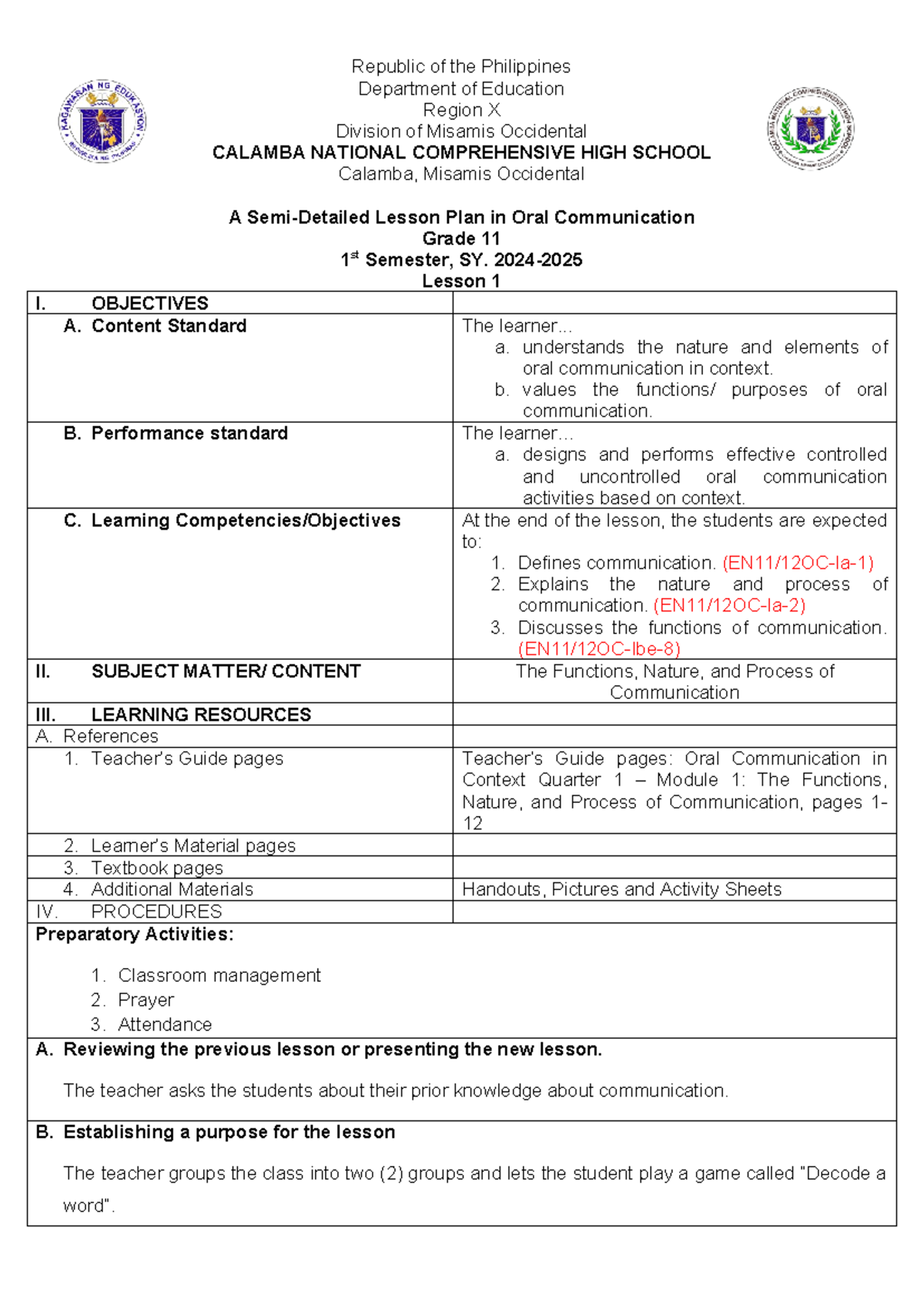 Semi-Detailed Lesson Plan: Oral Communication (Grade 11, Lesson 1 ...