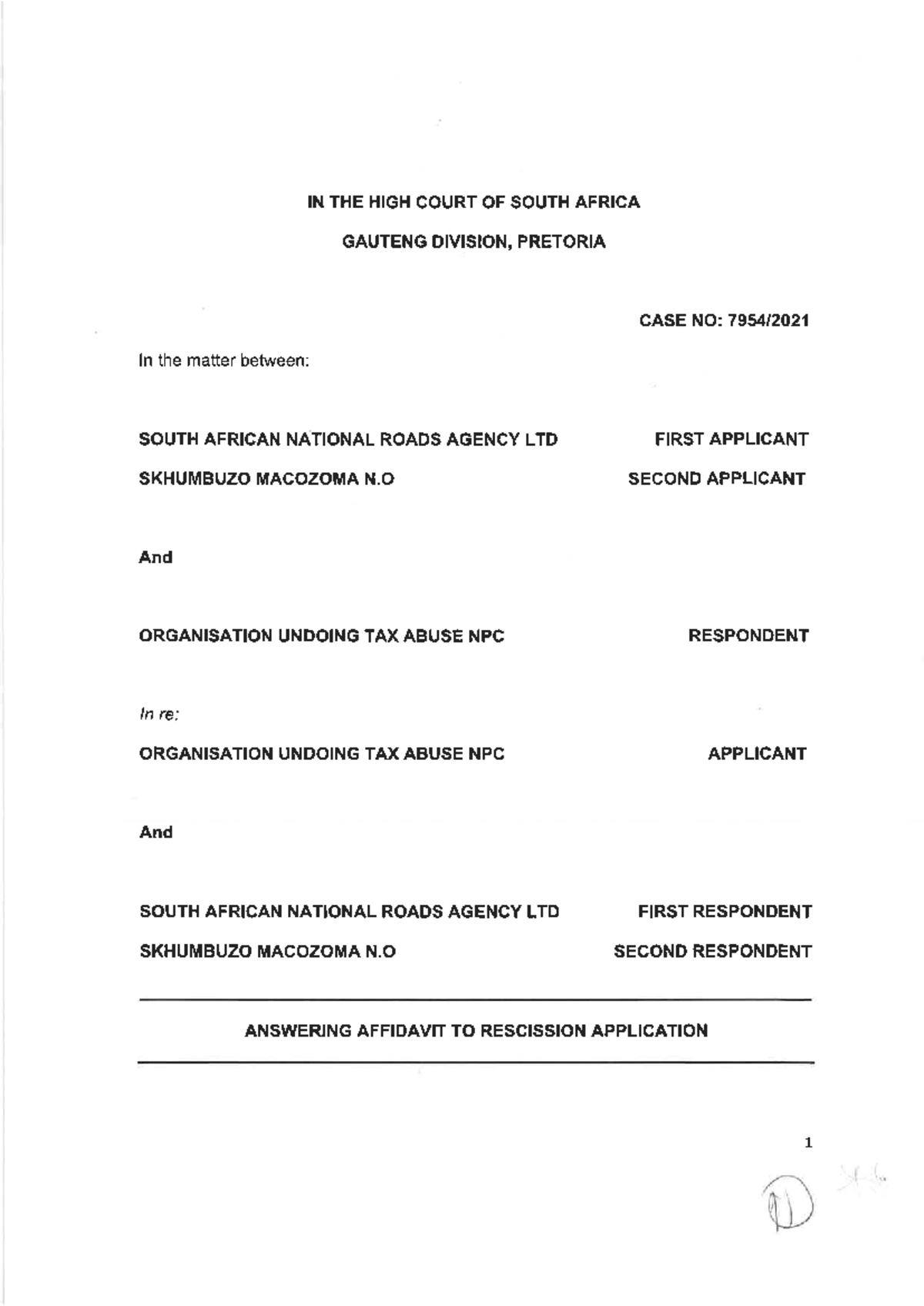 Answering Affidavit for Rescission Application: SANRAL vs OUTA - Studocu