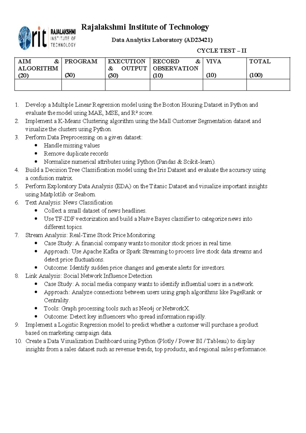 AD23421 Data Analytics Lab Cycle Test II Questions and Tasks - Studocu