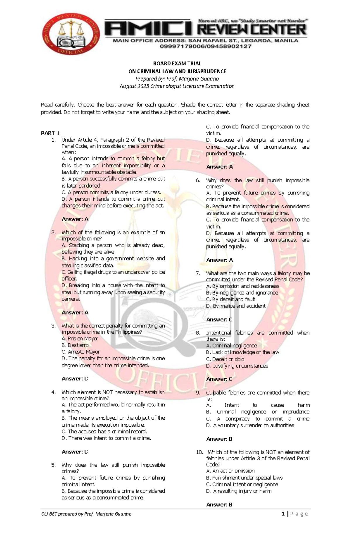 G2- August 2025- CRIM-BET- Mindug- Answer Key for Criminology Board ...