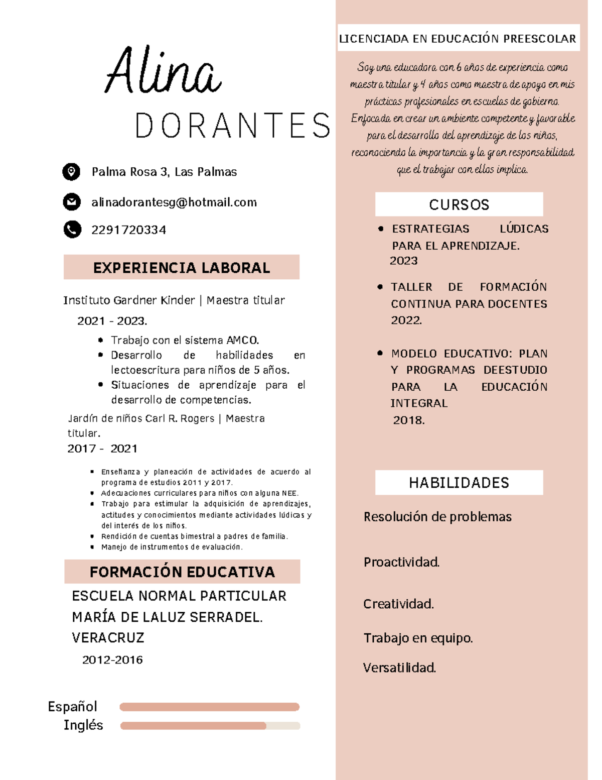 CV Alina DORANTES - Experiencia Laboral y Formación 2023 - Studocu
