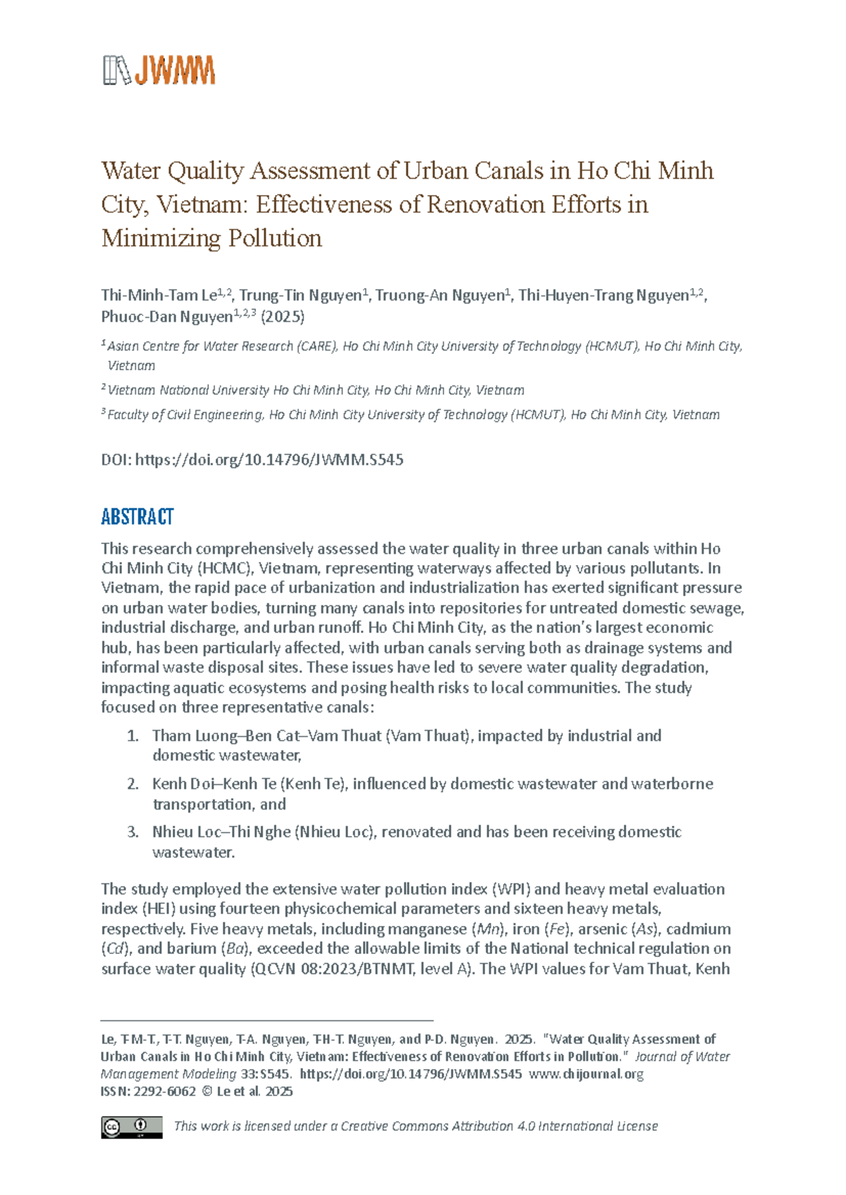 Water Quality Assessment of Urban Canals in HCMC, Vietnam: Renovation ...