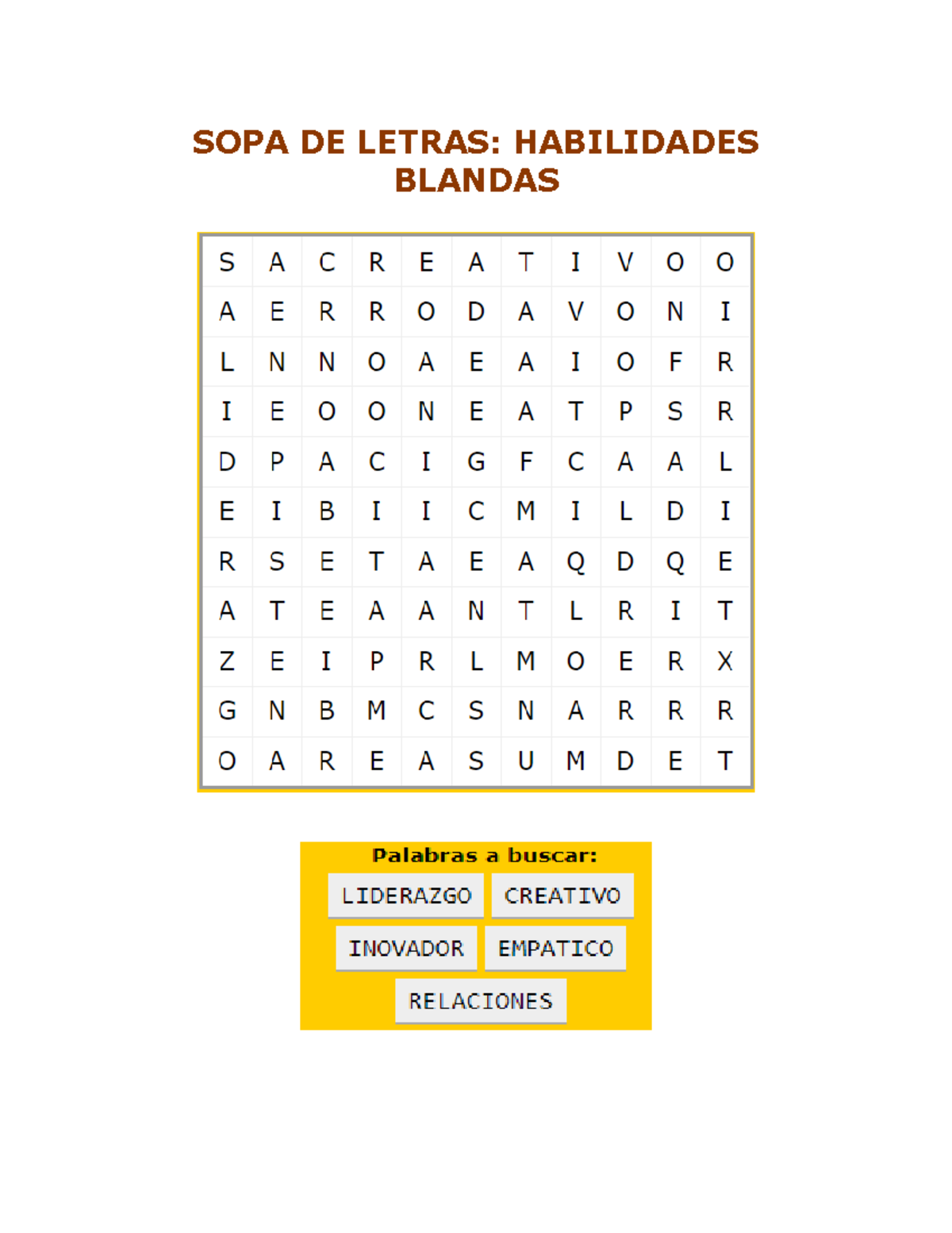 SOPA DE Letras Habilidades Blandas - Comportamiento Humano - SOPA DE ...