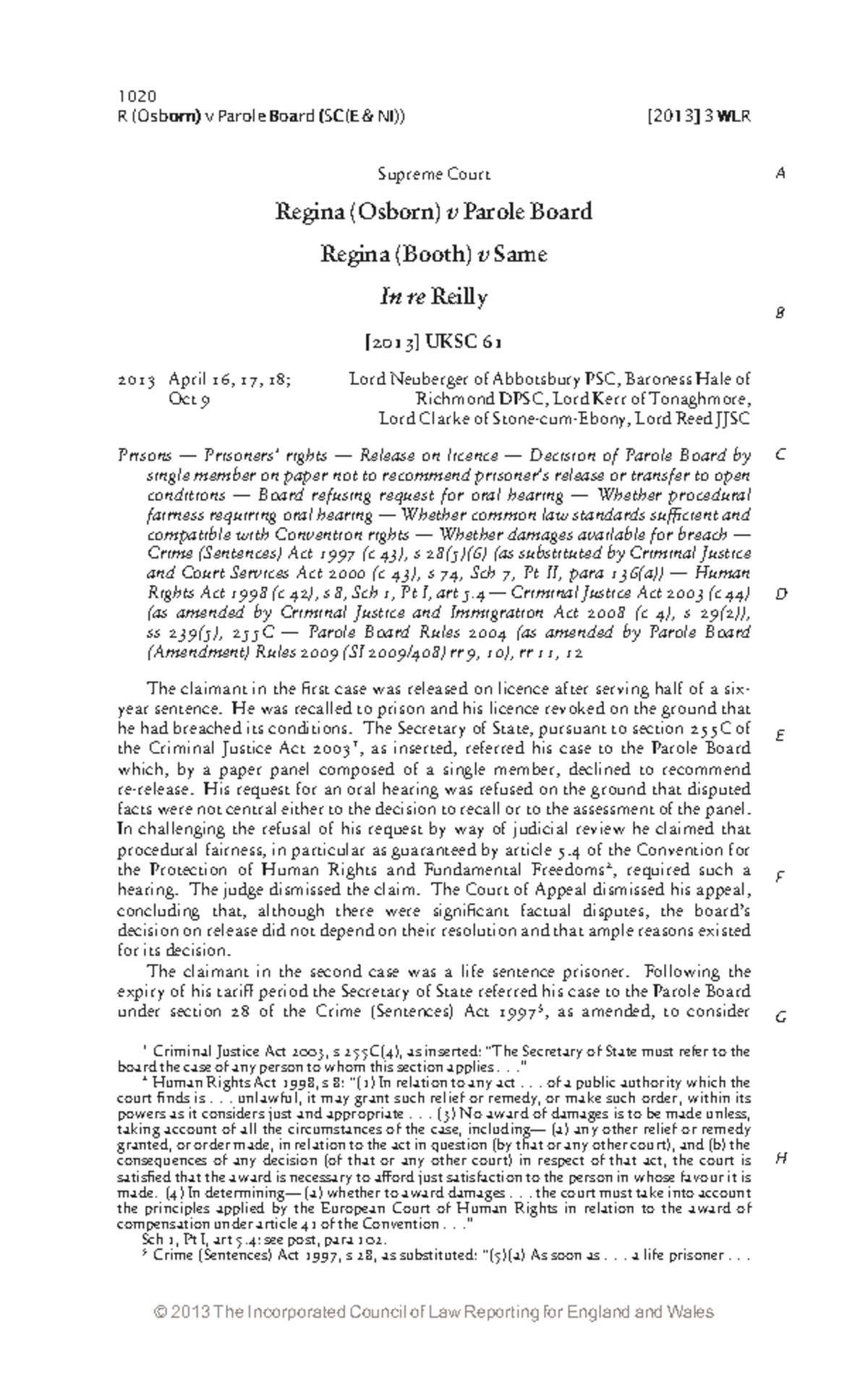 Regina (Osborn) v Parole Board; Booth & Reilly Cases - 2013 WLR 1020 ...