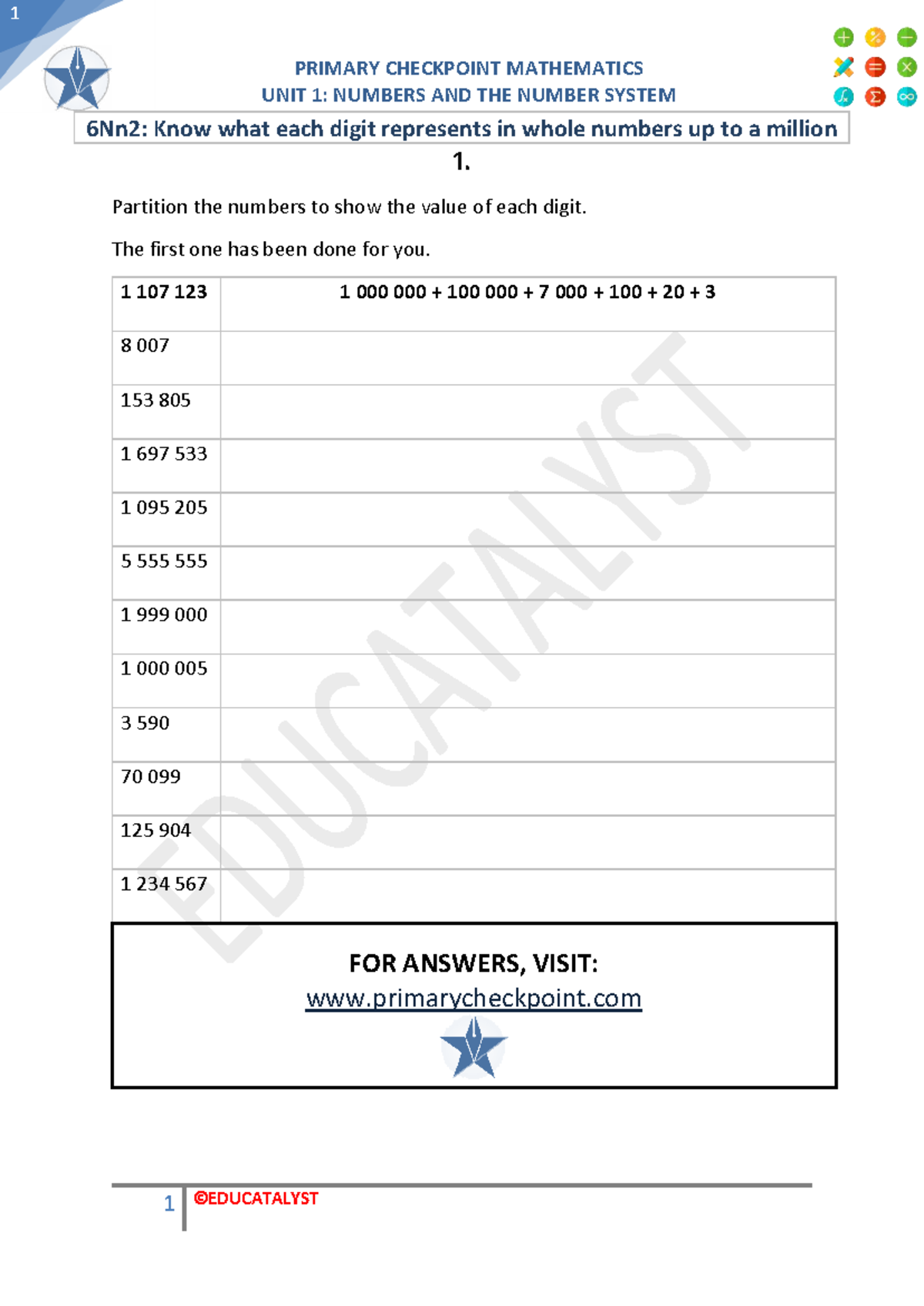 6Nn2: Primary Checkpoint Math Unit 1 - Understanding Whole Numbers ...