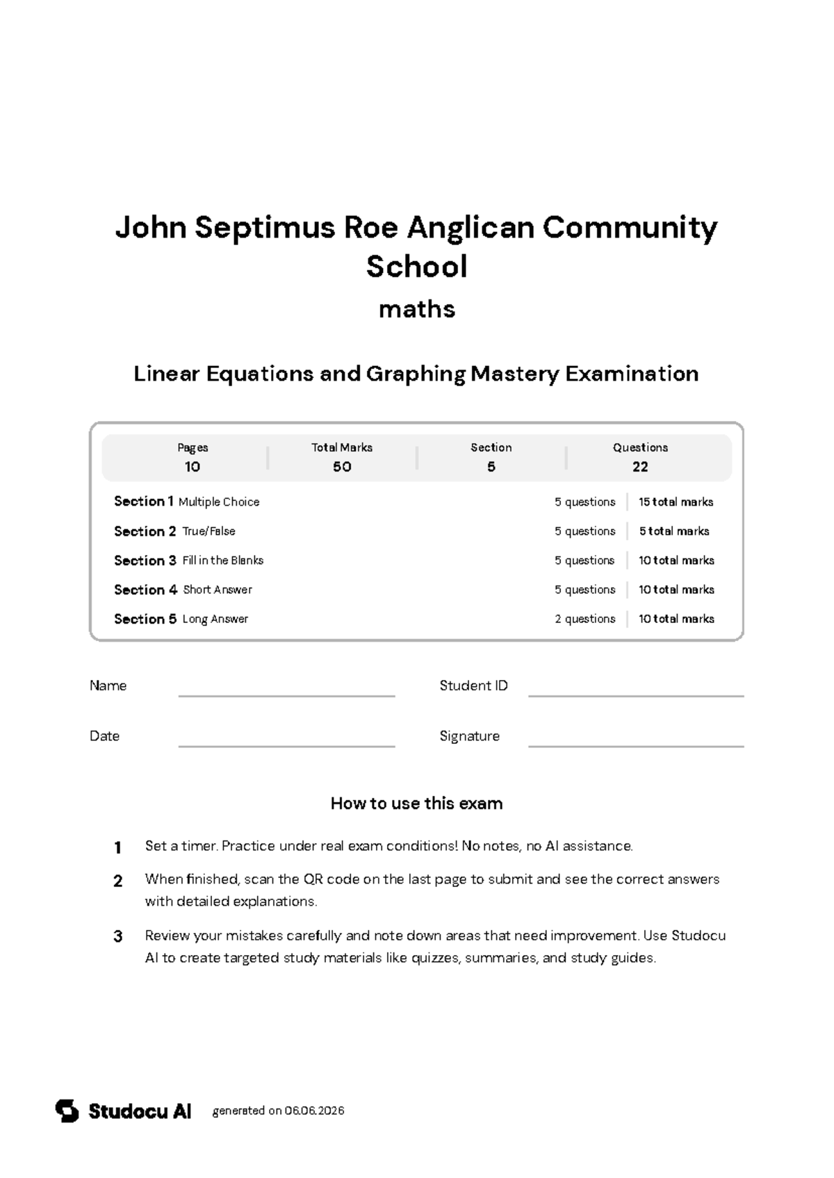 Linear Equations and Graphing Mastery Exam - Studocu