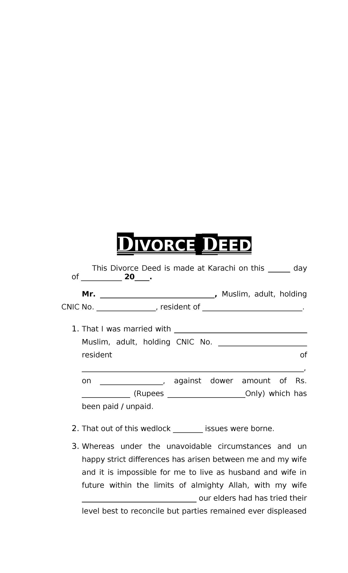Divorce Deed - Karachi: Legal Separation Agreement - Studocu