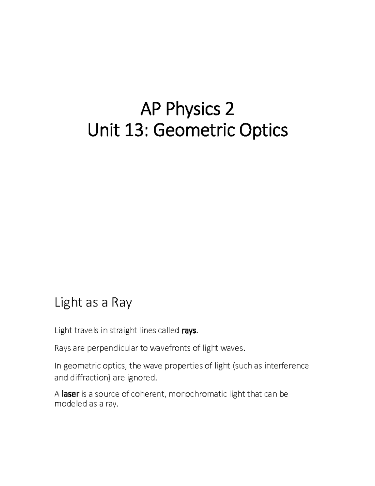 AP Physics 2 - Unit 13 Geometric Optics Study Notes - Studocu