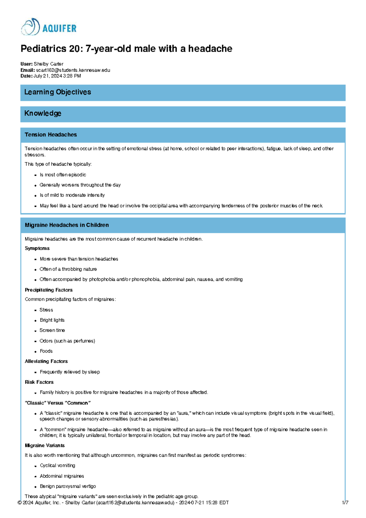 Pediatrics 20: Case Study on Headaches in Children - Studocu