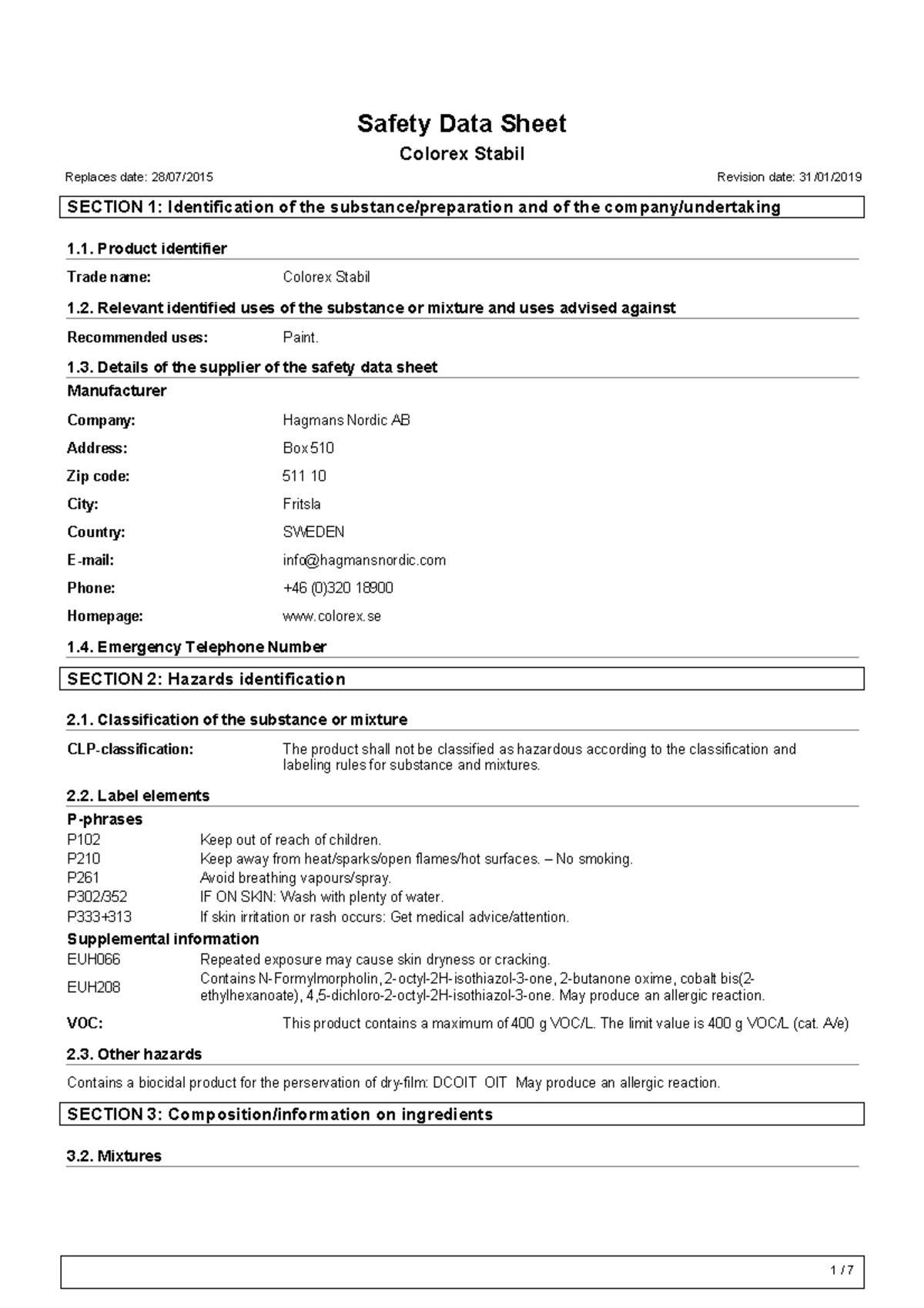 Safety Data Sheet (SDS) for Colorex Stabil - EN Version - Studocu