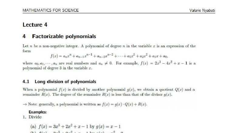 MATHEMATICS FOR SCIENCE EIE Lecture 4: Factorizable Polynomials - Studocu