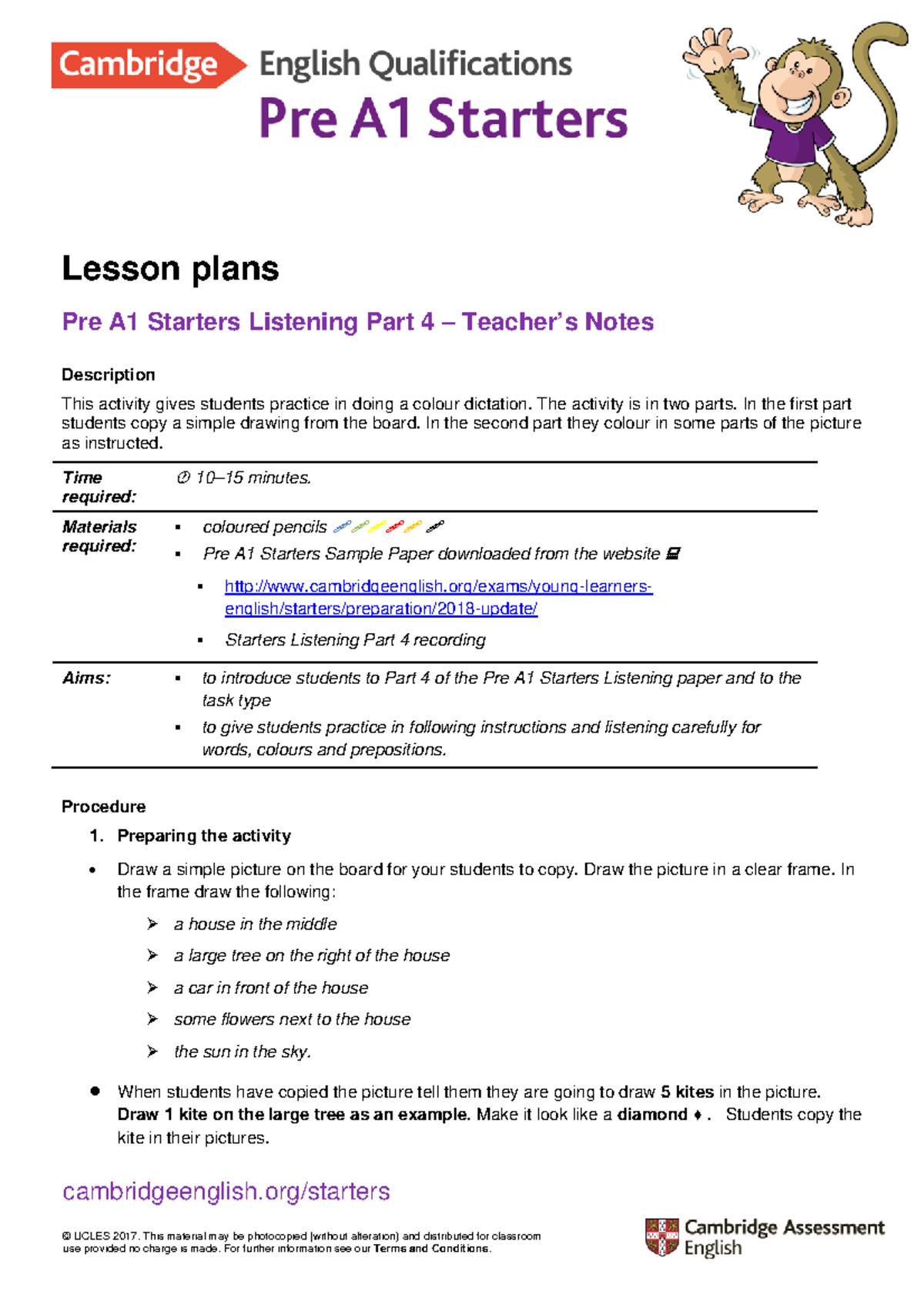 Pre A1 Starters 2018 Listening - Teacher's Notes Part 4 - Studocu
