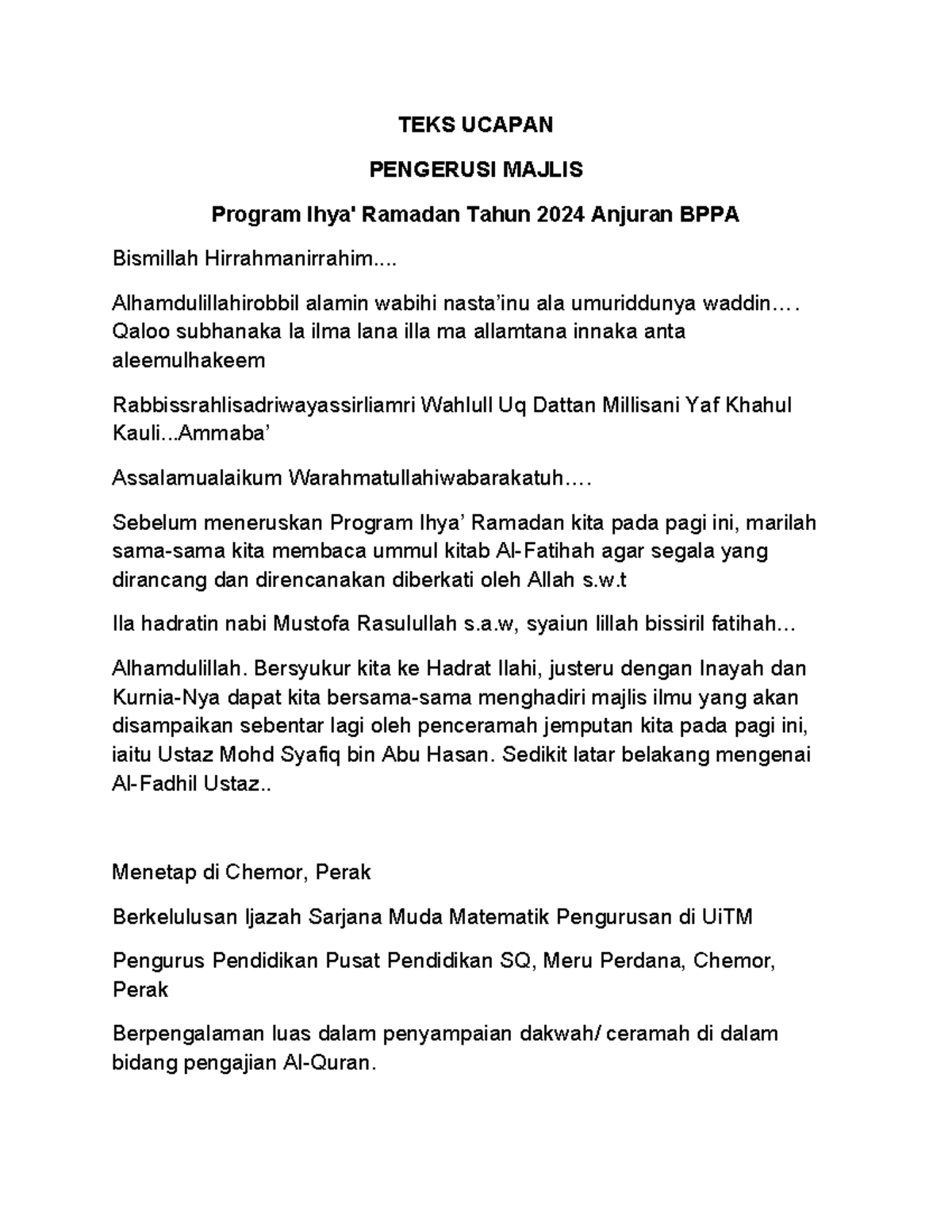 Ucapan Pengerusi Majlis Ihya Ramadhan 2024 BPPA: Teks dan Ceramah - Studocu