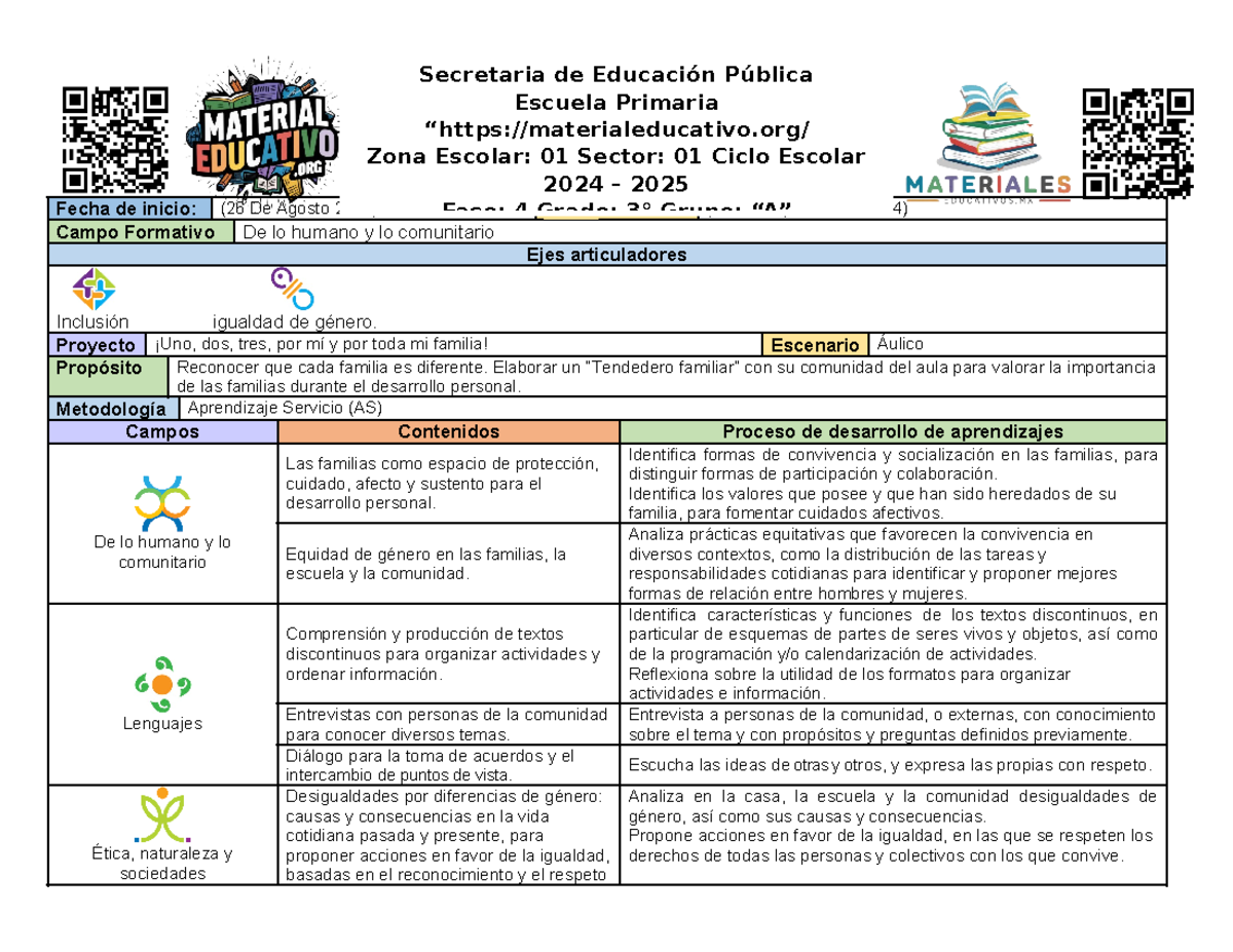 Planeación 3er Grado - Proyecto Familias: Inclusión y Diversidad (Septiembre) - Studocu