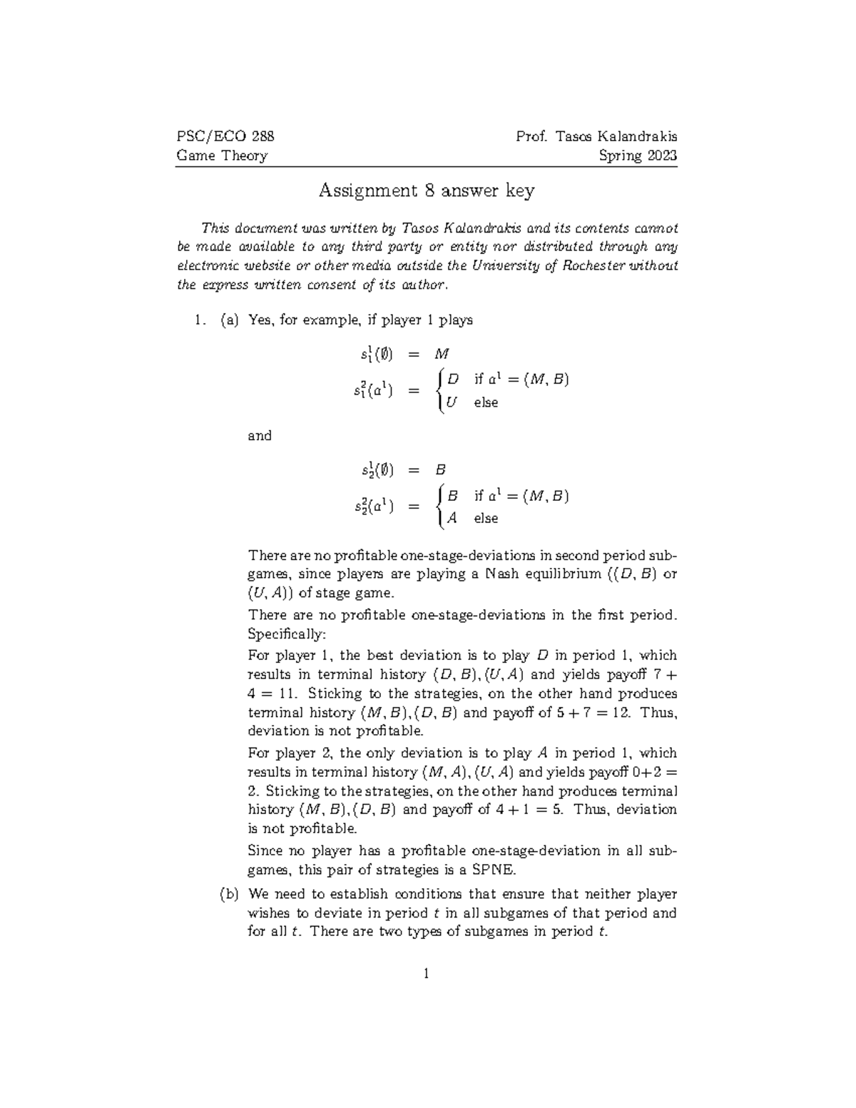 Key08 - Homework Sol - PSC/ECO 288 Game Theory Prof. Tasos Kalandrakis Spring 2023 Assignment 8 ...