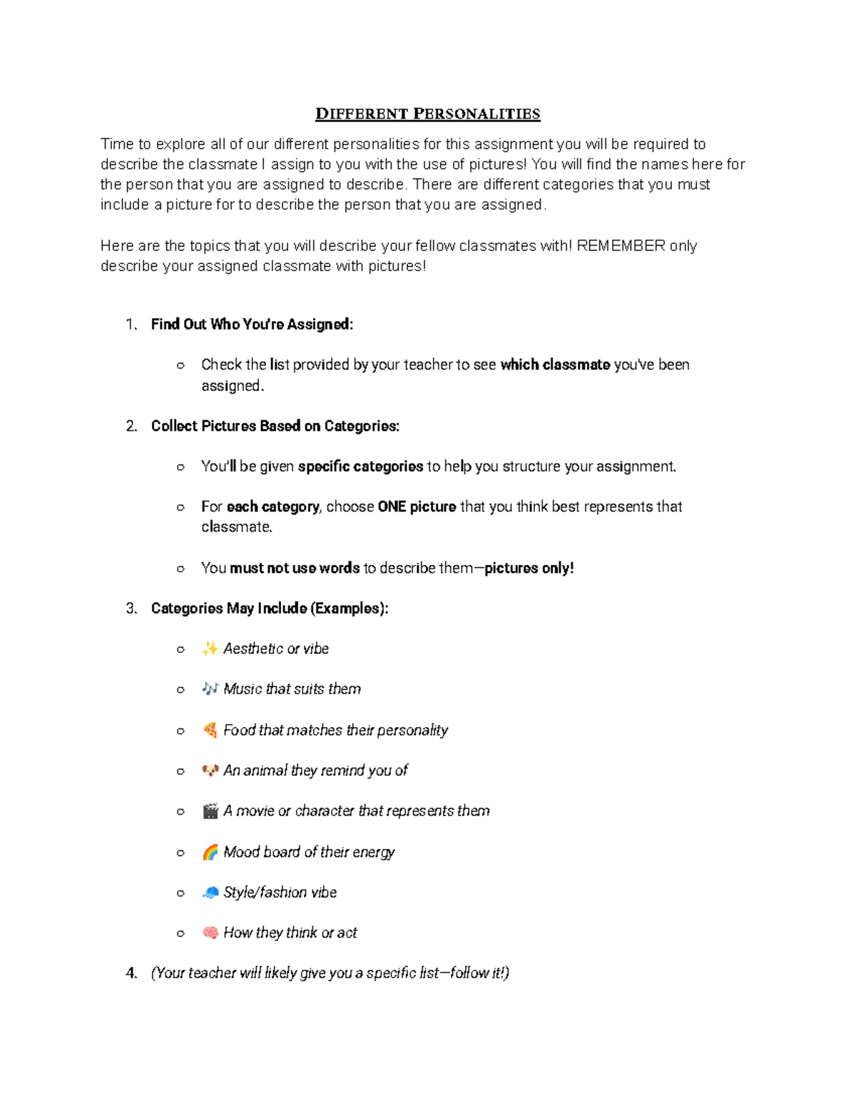 Different Personalities Assignment: Classmate Picture Descriptions ...