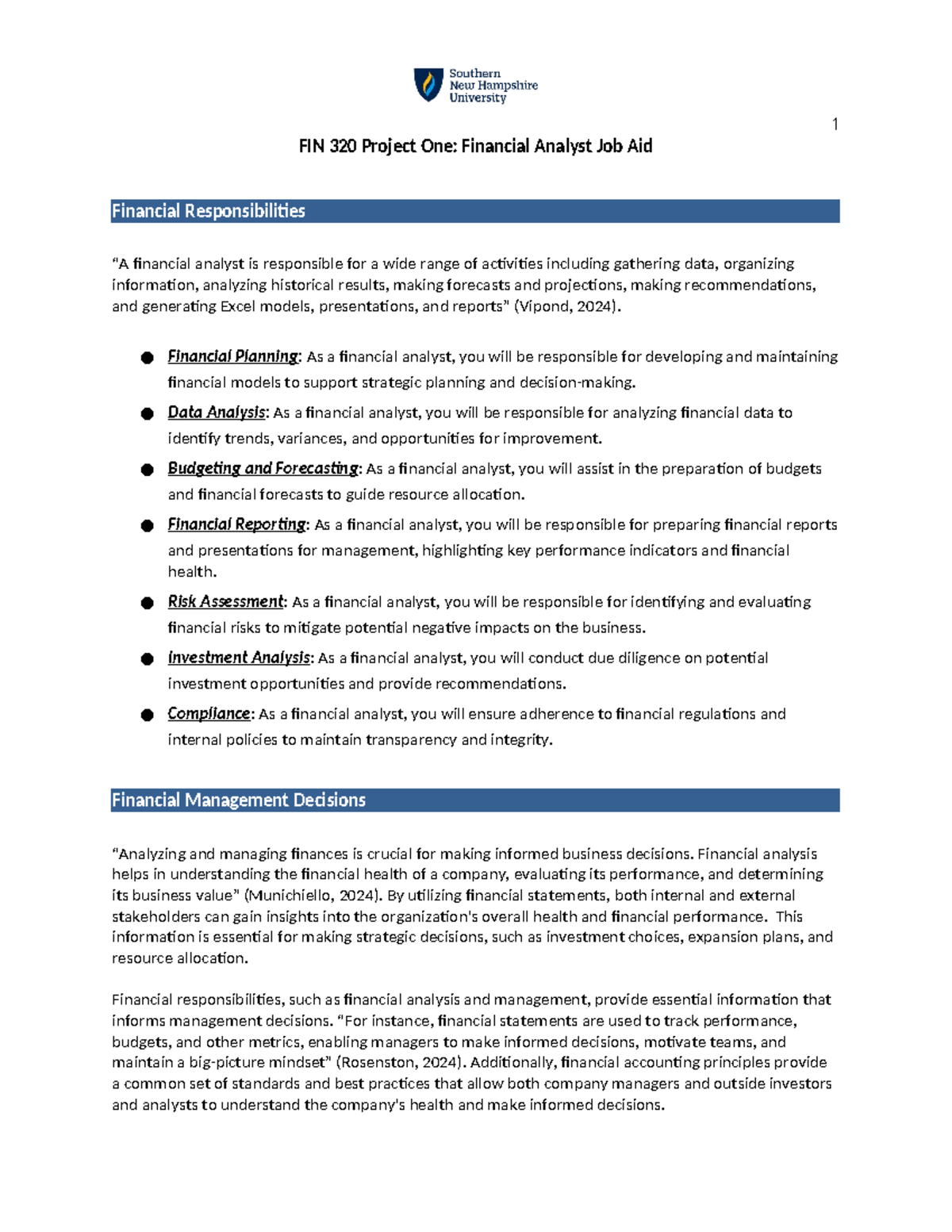 3-2 FIN 320 Project One: Essential Job Aid for Financial Analysts - Studocu