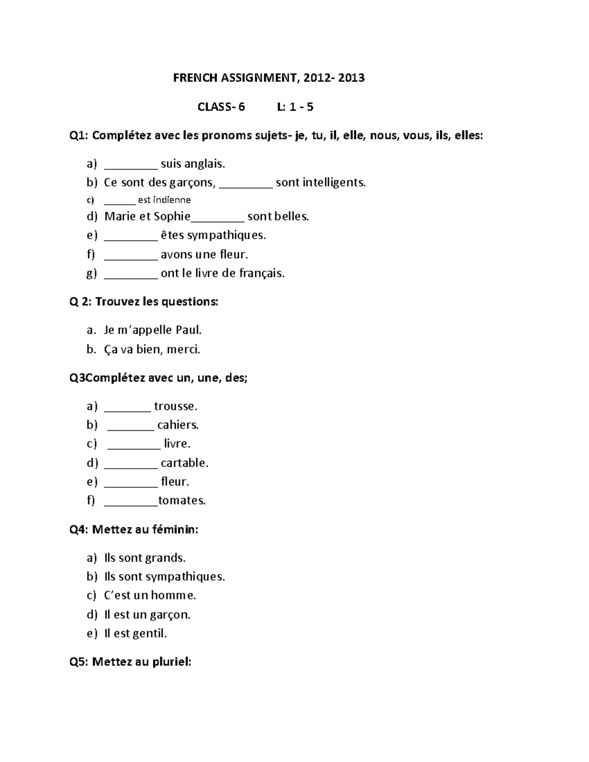 CBSE Class 6 French - Assignment on Pronouns and Numbers - Studocu