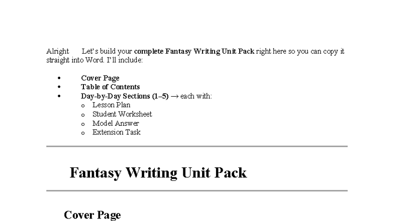 Fantasy Writing Unit Pack: Complete Lesson Plans & Worksheets - Studocu