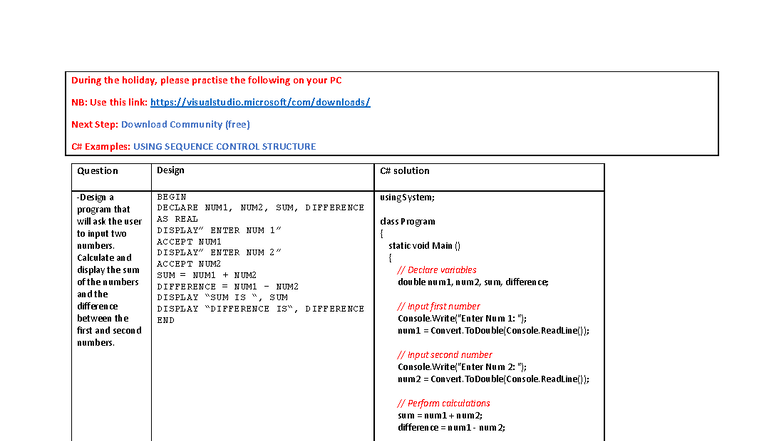 C# Practise: Sequence Control Structure Exercises (PART1) - Studocu