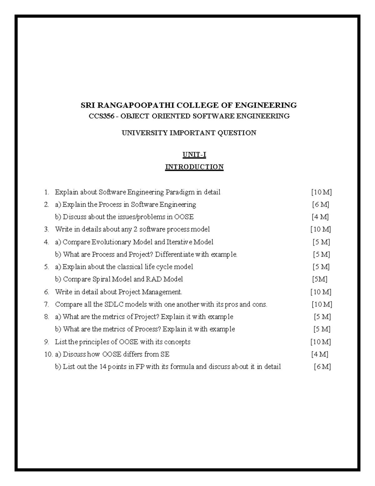 CCS356 - Object Oriented Software Engineering Question Bank - Studocu