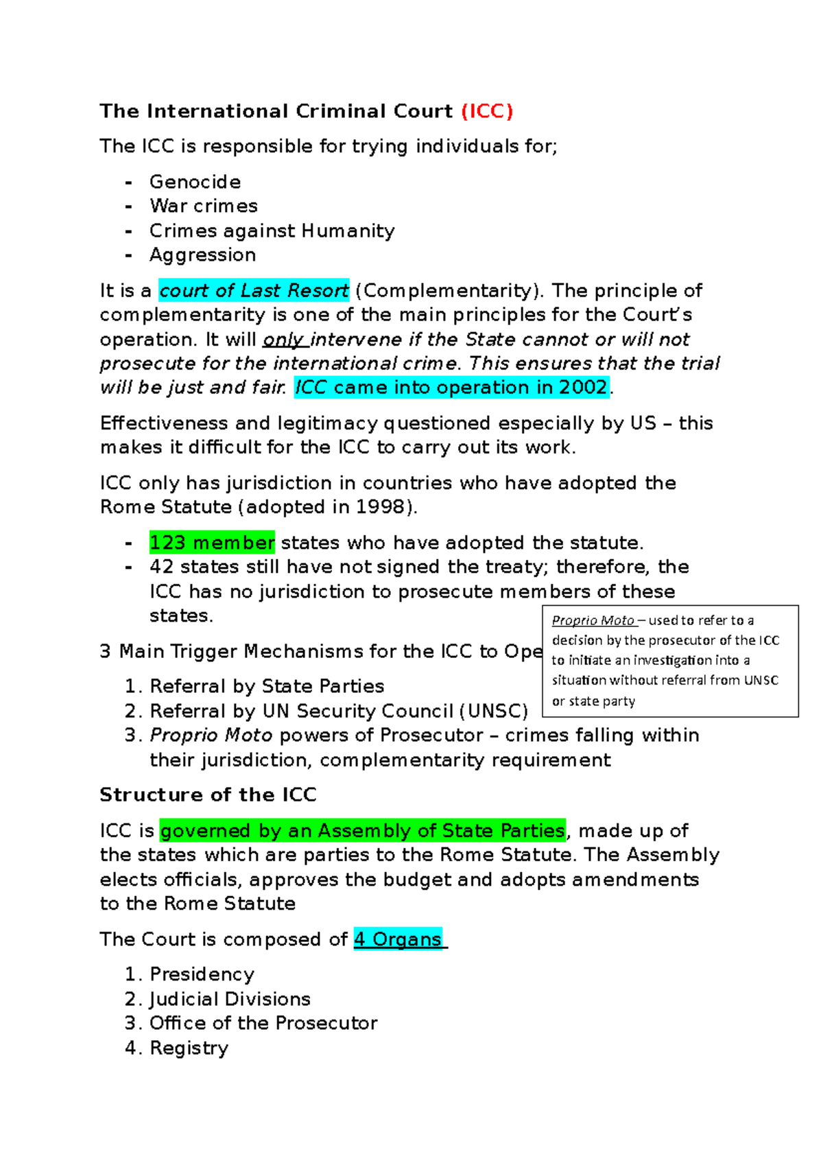 LW397 EXAM PREP - The International Criminal Court (ICC) The ICC is ...