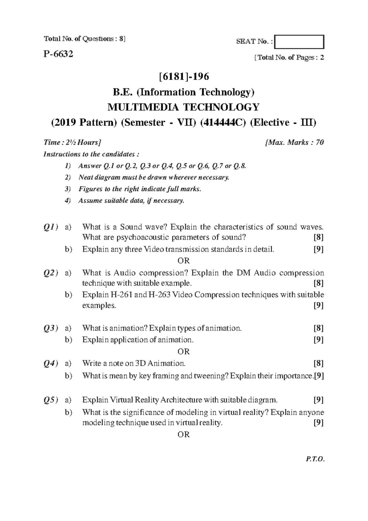B.E. (IT) Multimedia Technology Exam Paper (2019 Pattern) - Studocu