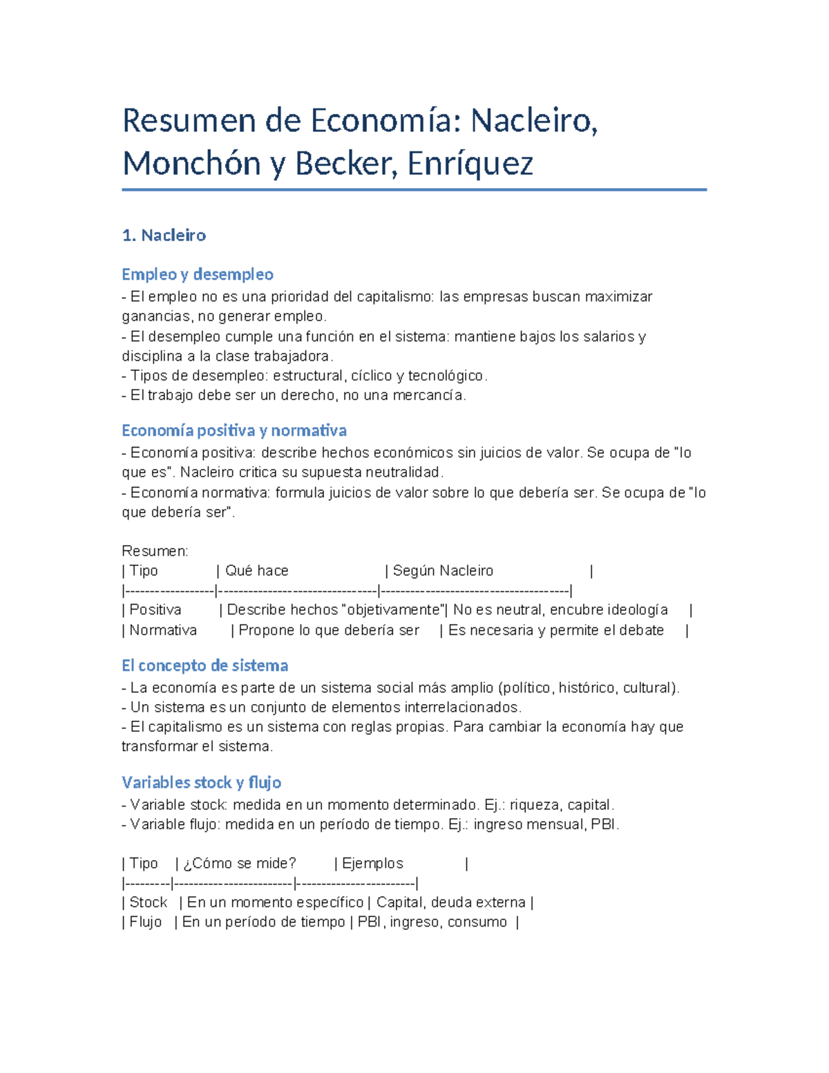 Resumen de Economía: Nacleiro, Monchón y Becker - Análisis Crítico ...