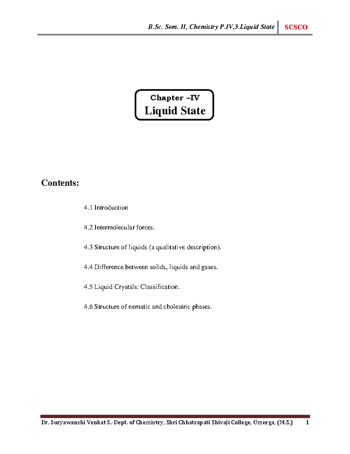 B.Sc. Sem. II, Chemistry P.IV, Liquid State Notes & Key Concepts - Studocu