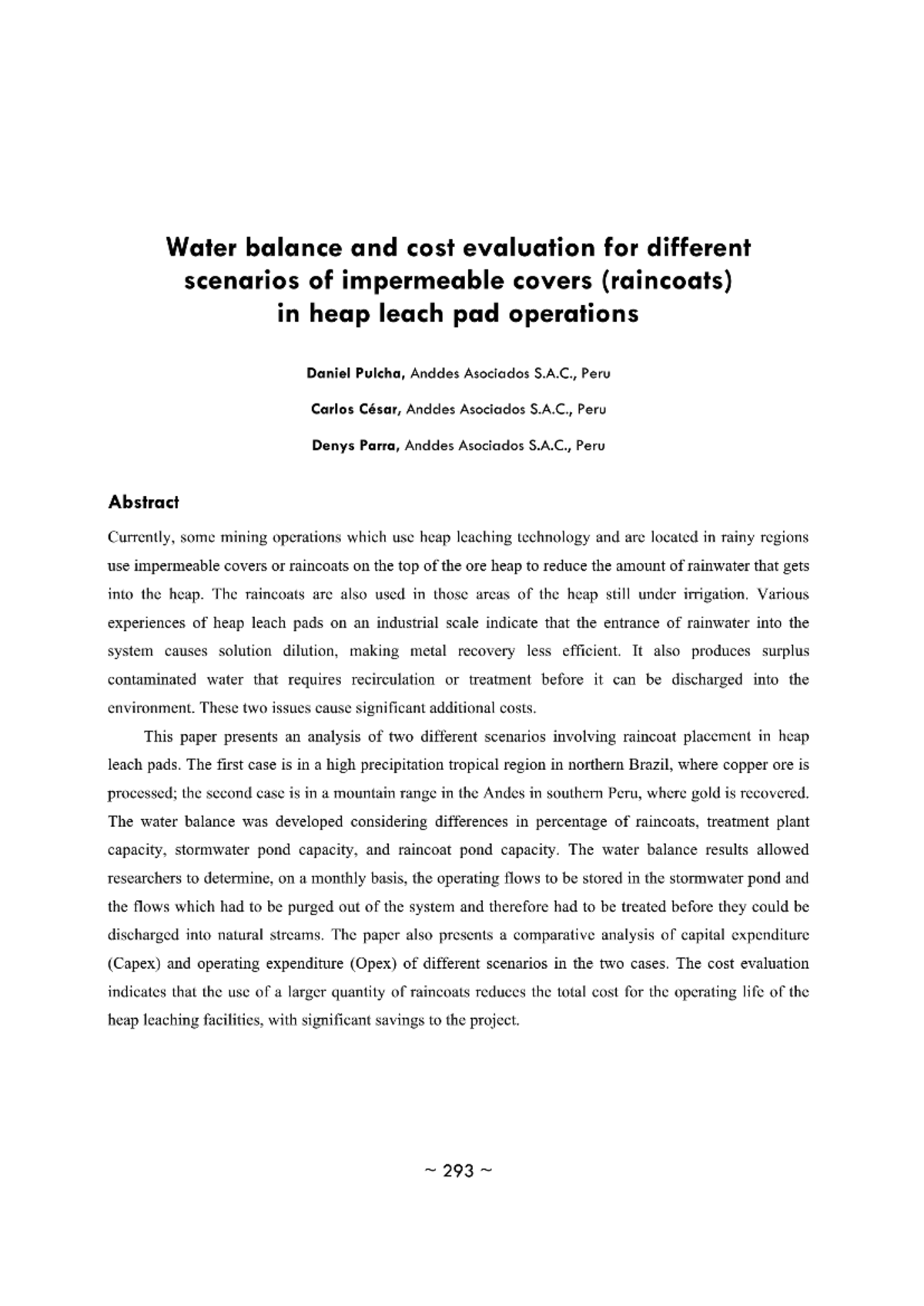 Water Balance & Cost Evaluation of Raincoat Scenarios in Heap Leach ...