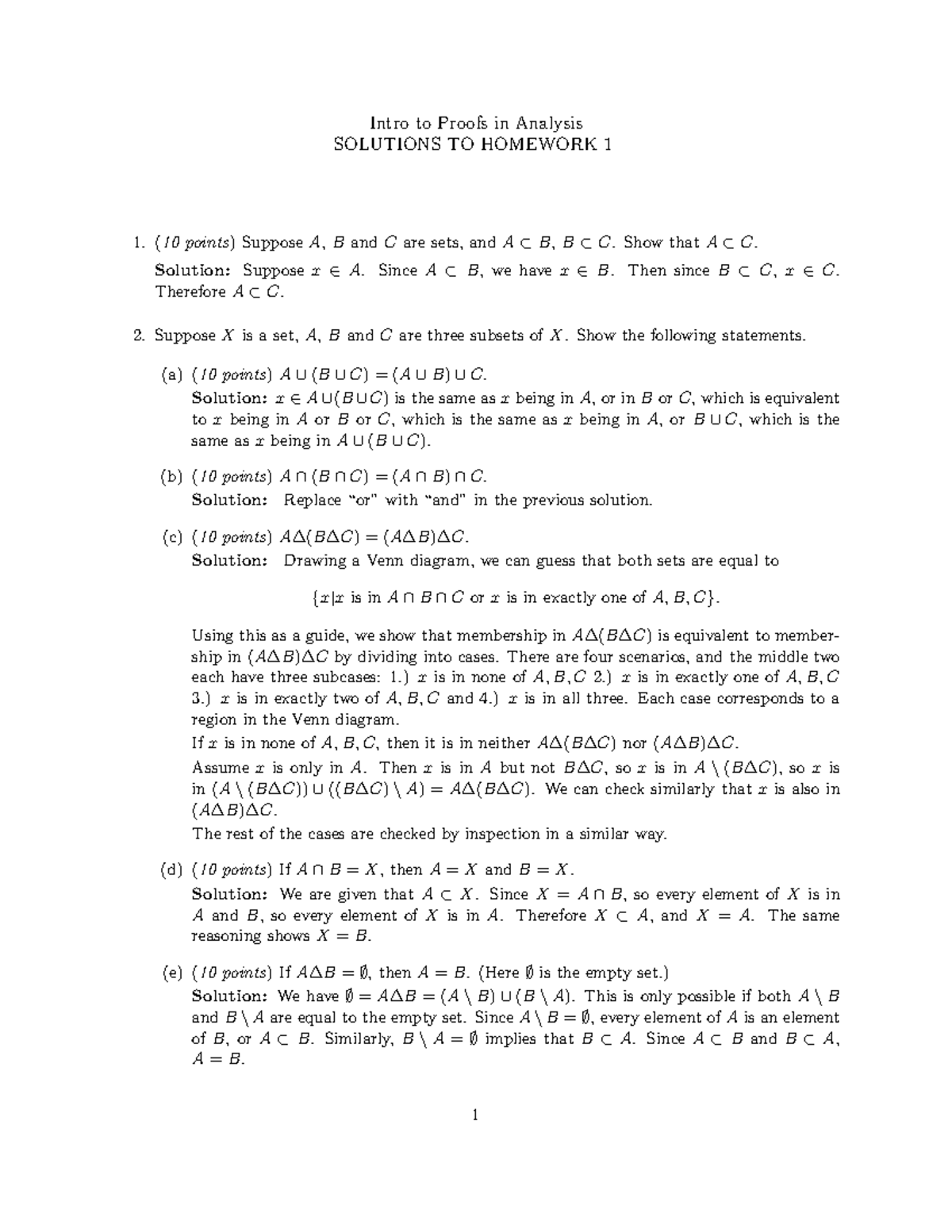 MATH 101: Intro to Proofs in Analysis - Homework 1 Solutions - Studocu