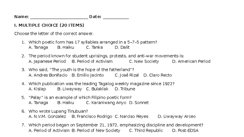 LONG QUIZ - Filipino Literature (MULTIPLE CHOICE, TRUE/FALSE, MATCHING ...