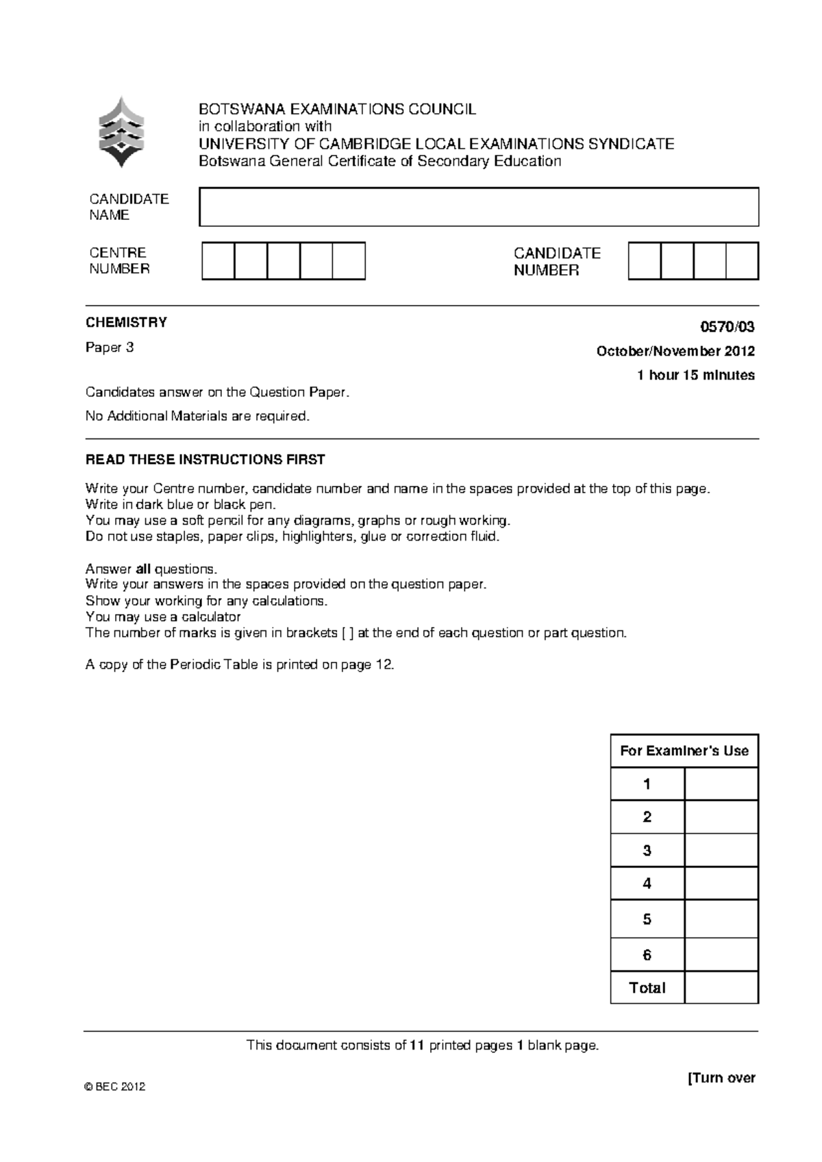 2012 BGCSE Chemistry Paper 3 Exam Questions and Instructions - Studocu