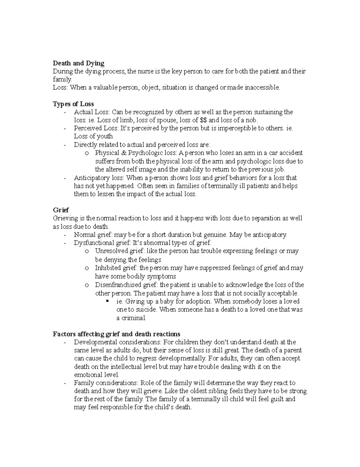 Death and dying - lecture notes - Death and Dying During the dying ...