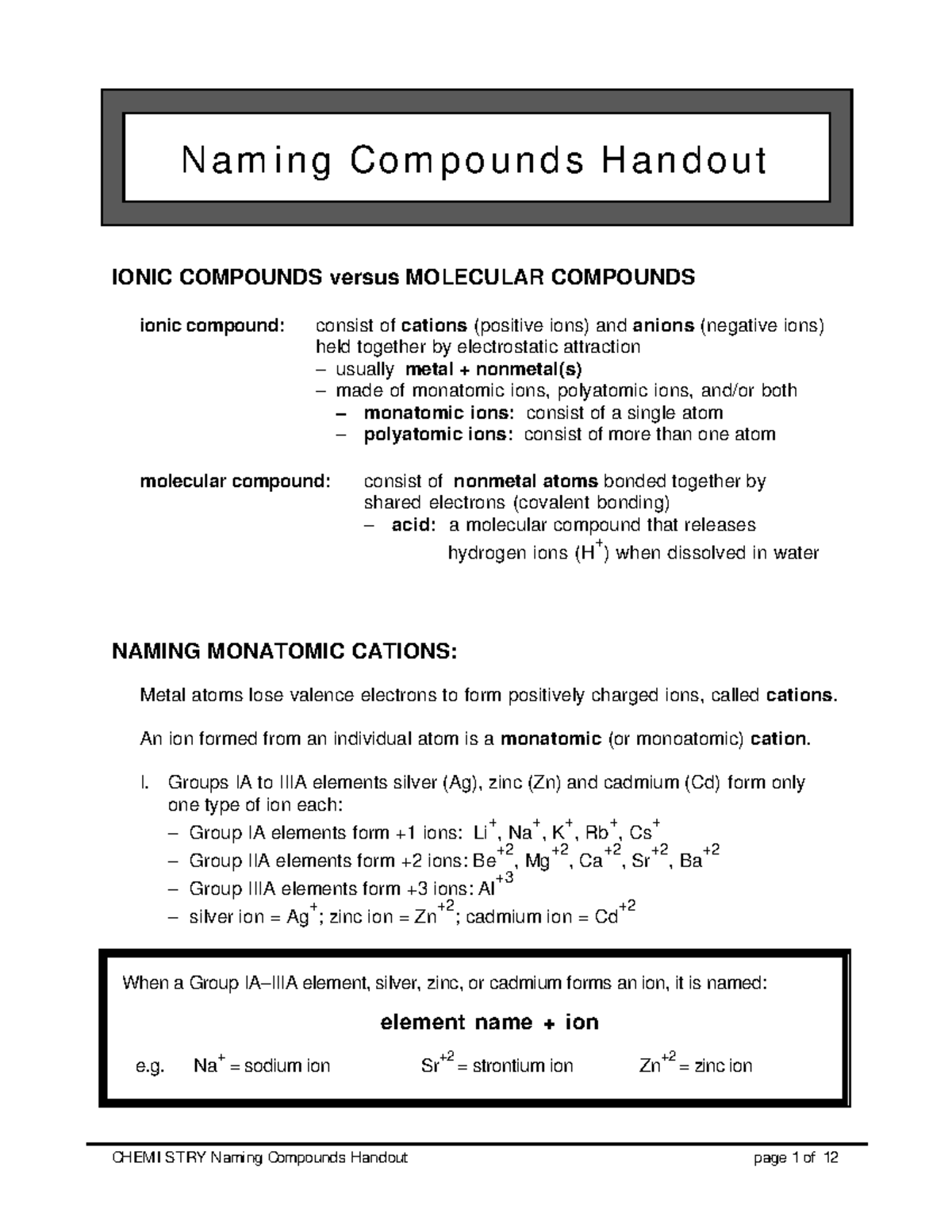 Naming Compounds Handout - IONIC COMPOUNDS versus MOLECULAR COMPOUNDS ...