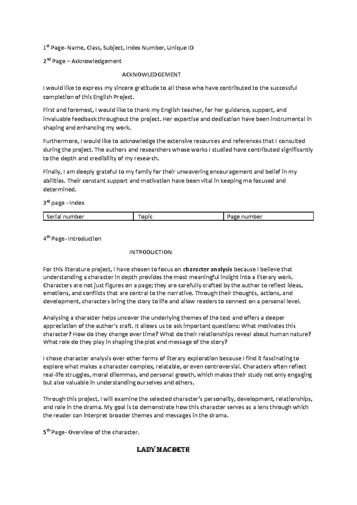 Character Analysis of Lady Macbeth in Class 12 English Project 1 - Studocu