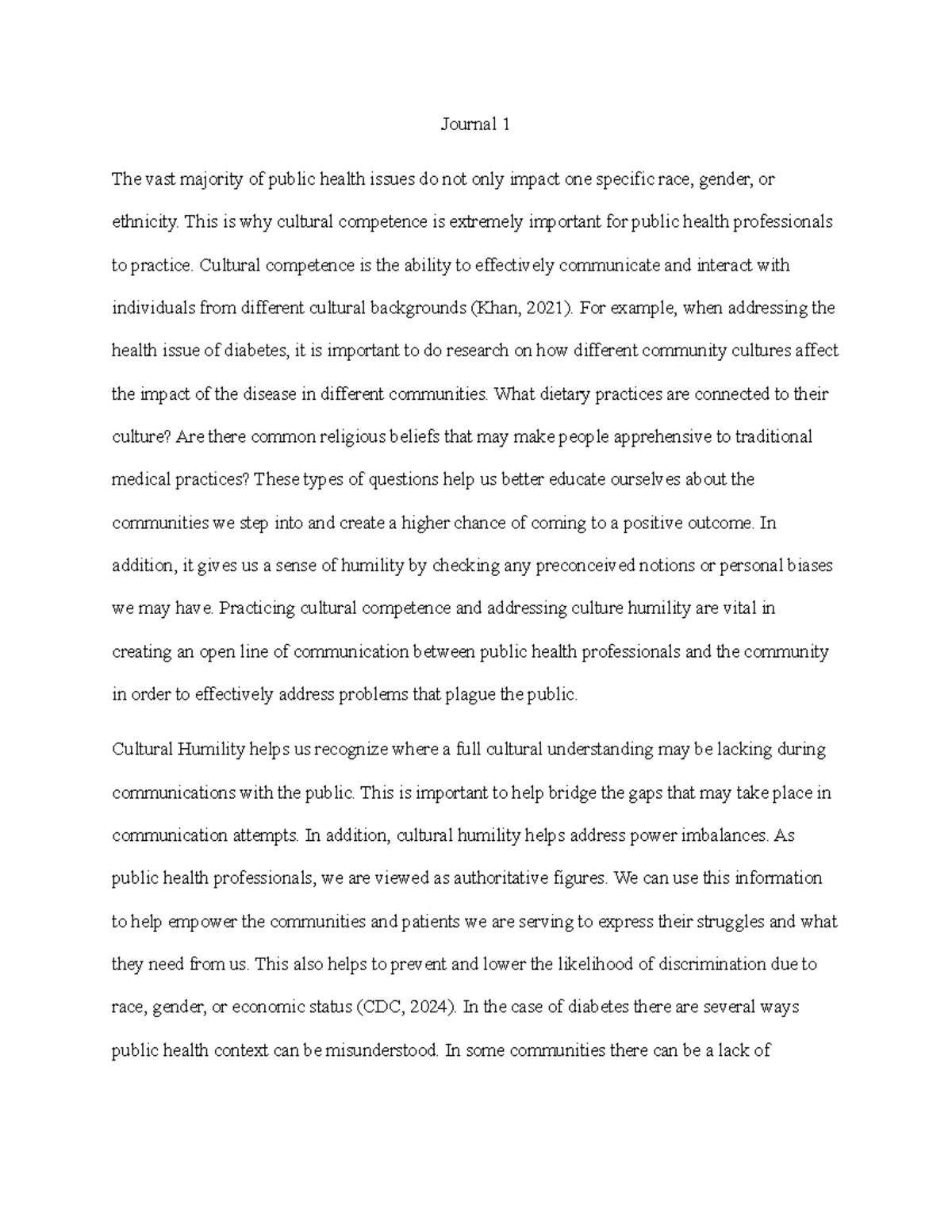 PHE 525 Journal 1: Cultural Competence in Public Health Communication ...