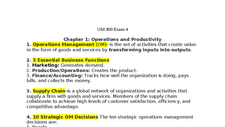 OM 300 Exam 4 - Final Study Guide on Operations Management Concepts ...