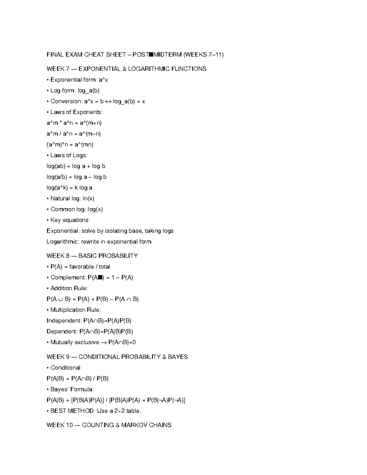 FINAL EXAM CHEAT SHEET: WEEKS 7-10 MATH CONCEPTS - Studocu