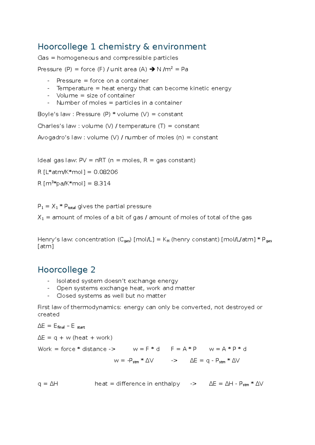 Hoorcollege 1 & 2 Chemistry Notes: Gas Laws & Thermodynamics - Studeersnel