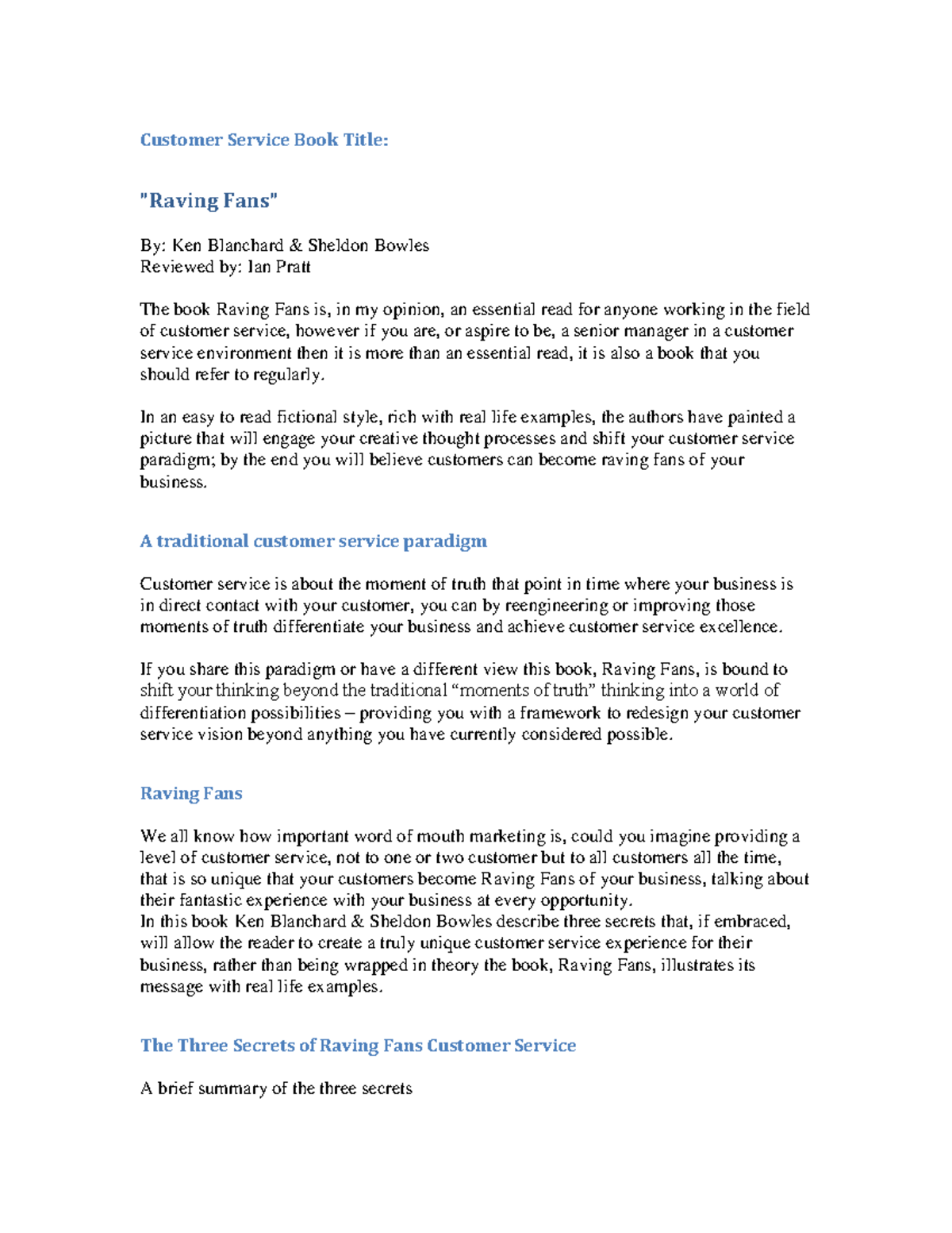 Summary of "Raving Fans" by Blanchard & Bowles: Key Insights on ...