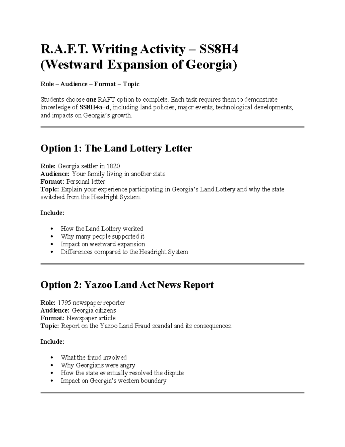 SS8H4 RAFT Writing Activity: Westward Expansion of Georgia - Studocu