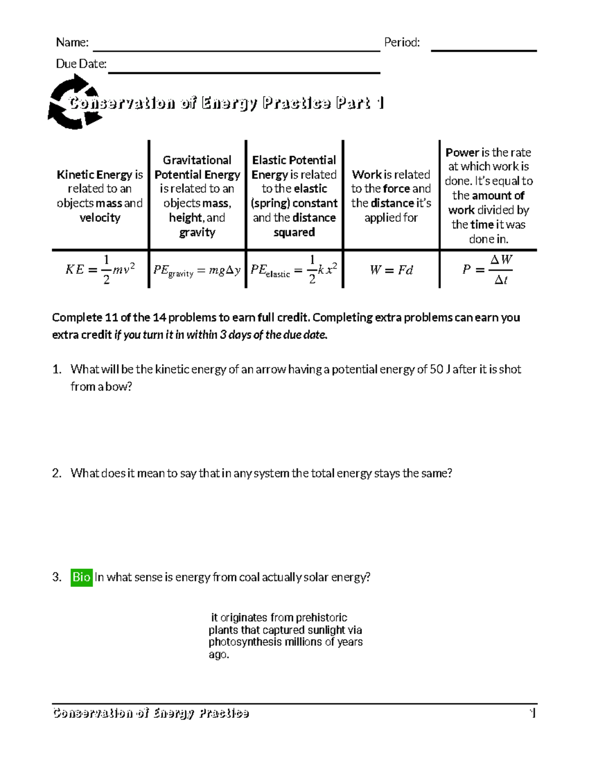 Conservation of Energy Practice Part 1: Kinetic & Potential Energy ...