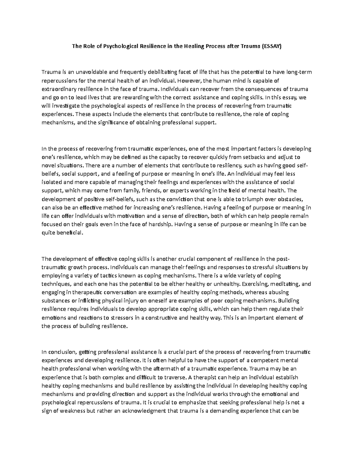 Psychological Resilience in Trauma Recovery: An In-Depth Essay Analysis ...