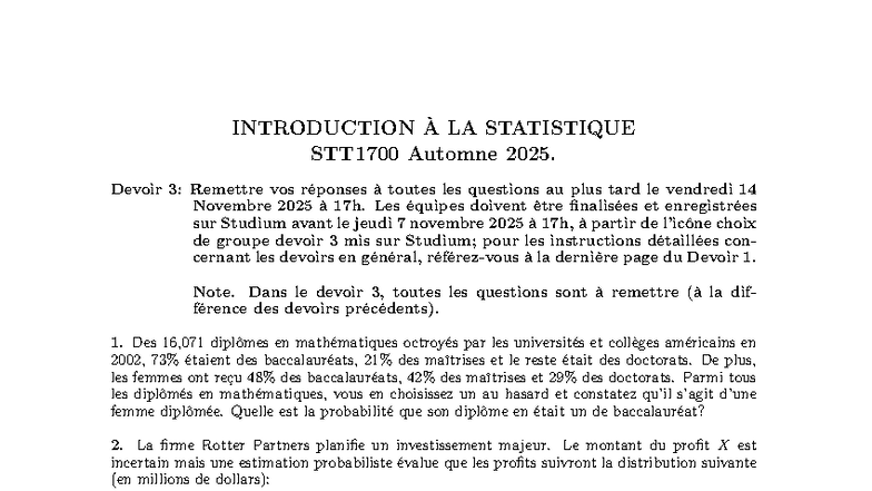 Devoir 3: Introduction à la Statistique STT1700 Automne 2025 - Studocu