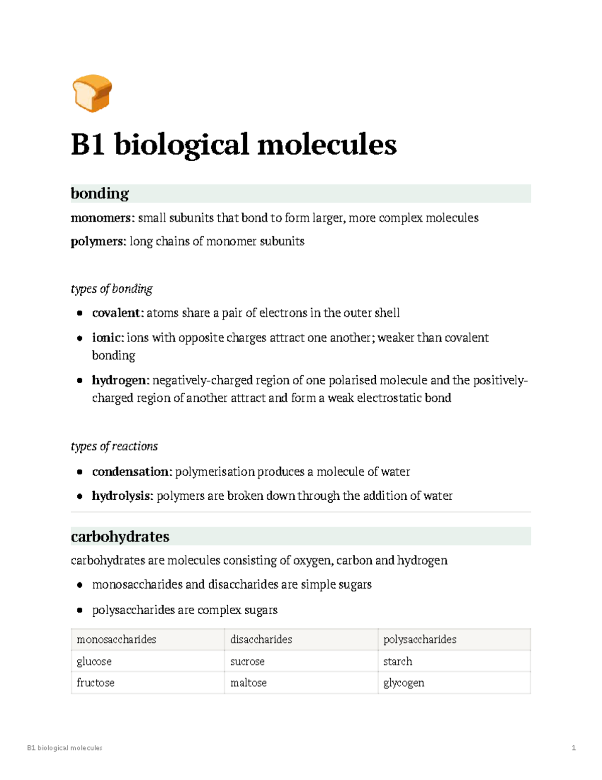 B1 Biological Molecules: Structure, Bonding, and Functions Notes - Studocu